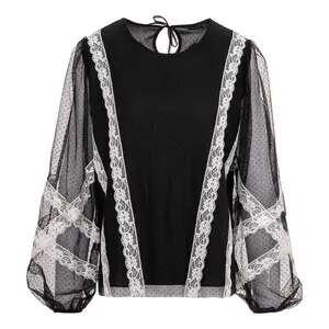 CONCEPT A TROIS Tulle Blouse With Polka Dots And Lace Details - Black