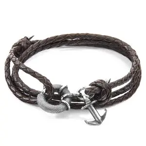 ANCHOR & CREW Brown / Silver Dark Brown Clyde Anchor Silver & Braided Leather Bracelet - Brown/silver