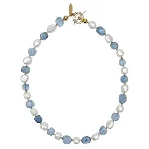 FARRA Free Style Irregular Freshwater Pearls With Aquamarine Short Necklace - Blue