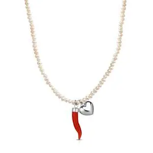 UNALOE Baroque Pearl Necklace With Coral Cornicello And Heart - Silver