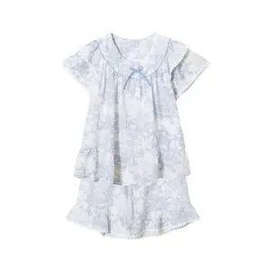 LUNALUZ French Toile Korea Vegan Silk Bamboo Rayon Pyjama Set - Blue