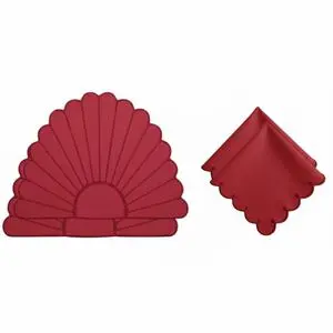 ROUMÉLIE ORIENTALE Embroide Seashell Placemat & Napkin Set Of Two - Red
