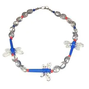 Way To Chic White / Blue / Neutrals Dragonfly Glass Necklace With Lapis Lazuli - White/blue