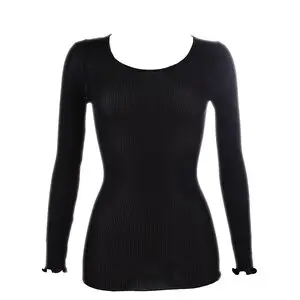 AROMATIQUE Pure Ribbed Silk Crewneck Top - Black