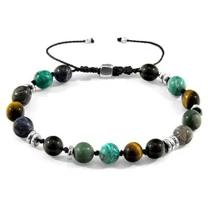 ANCHOR & CREW Multicoloured Multi Gem Agaya Silver & Stone Beaded Macrame Bracelet - Gray