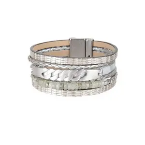Saachi Natural Stones And Chain Leather Bracelet - Grey