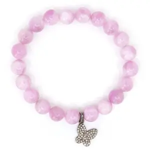 Shar Oke Silver / Pink Kunzite & Butterfly Diamond Charm Beaded Bracelet - Silver/pink