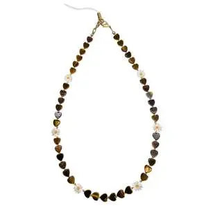 FARRA Heart Shaped Tiger-eye With Flower Shell Phone Strap - Brown