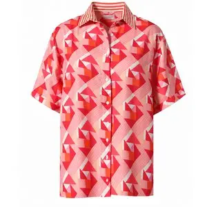 Loveist Store Orange / Pink Coral Geometric Patterned Linen-feel Short Sleeve Shirt - Orange/pink