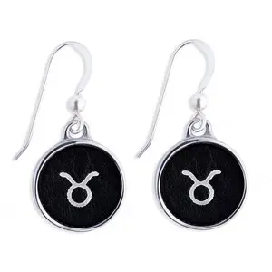 N'DAMUS LONDON Silver / Black Zodiac Taurus Black Leather Earrings - Silver/black