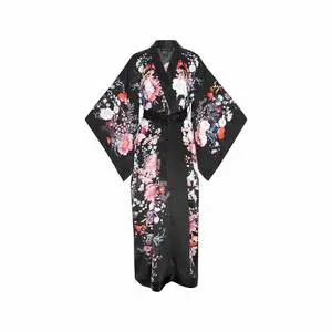 MENG Watercolour Flowers Silk Satin Kimono - Black