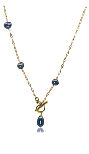MARQUISE SWIM Necklace - Asym Peacock Pearl & Gold T-bar Blue