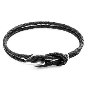 ANCHOR & CREW Black / Silver Coal Black Padstow Silver & Braided Leather Bracelet - Black/silver