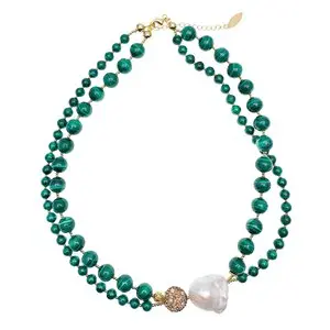 FARRA Baroque Pearl With Malachite Double Strands Necklace - Green