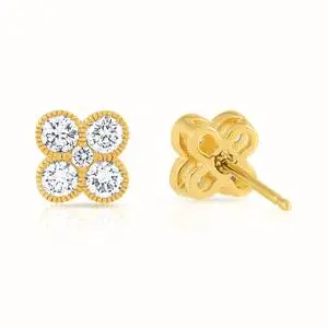 AVIR NEW YORK Solid Gold Flower Clover Beaded Earrings Grown Diamond Half Carat Weight Stud Earrings - Yellow