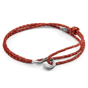 ANCHOR & CREW Amber Charles Silver & Braided Leather Skinny Bracelet - Red