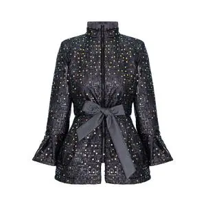 CONCEPT A TROIS Grey / Black Short Quilted Anthracite Grey Jacket With Fine Sequins With Collar And Drawstring - Grey/black