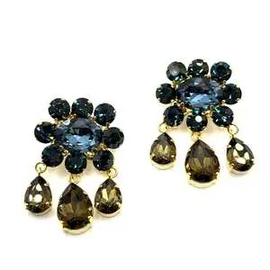 ACHALA HANDCRAFTED Blue / Brown Midnight Crystal Floral Drop Earrings - Blue/brown