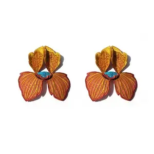 NANA WATANABE Neutrals Click Flora Folded Diional Embroidered Earrings - Yellow