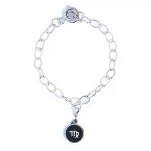 N'DAMUS LONDON Black / Silver Virgo Zodiac Sterling Silver & Leather Curb Bracelet - Black/silver
