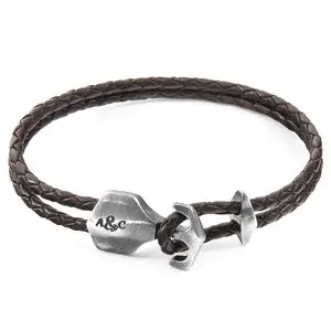 ANCHOR & CREW Brown / Silver Dark Brown Delta Anchor Silver & Braided Leather Bracelet - Brown/silver
