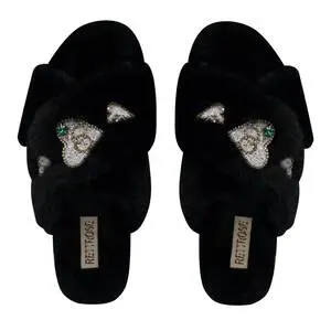 RETTROSE Emmy Luxury Plush Diamanté Embellished Handmade Slipper - Black