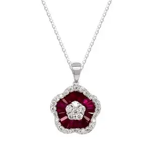 ARTISAN White / Red Ruby & Diamond Floral Halo Pendant In 18k White Gold - White/red