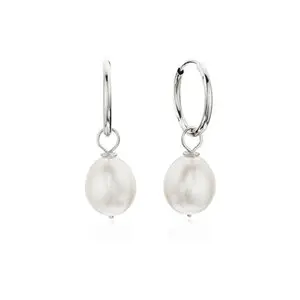 LILY & ROO Silver / White Silver Large Pearl Drop Hoop Earrings - Silver/white