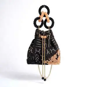NYNY RYKE Bibi, Bucket Bag Handmade Bogolan Beaded Luxury Bag - Black
