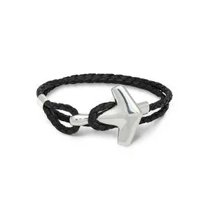 FREYA & THOR OF SWEDEN Black / Silver Arch Bracelet Silver & Double Black Leather - Black/silver