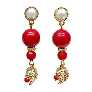 FARRA Coral With Hedgehog Pendant Stud Earrings - Red