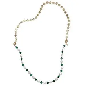 FARRA Coin Shaped Malachite And Freshwater Pearls With Flower Chain Versatile Necklace - Green