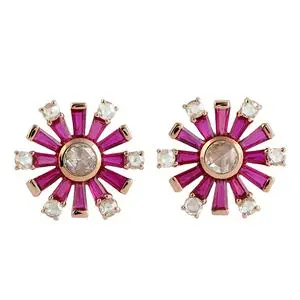 ARTISAN White / Orange Ruby & Diamond Sunburst Stud Earrings In 18k Rose Gold - White/orange
