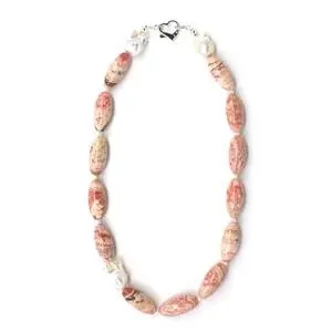 Shar Oke Pink / White / Silver Rhodochrosite & Freshwater Pearls Necklace - Pink/white/silver