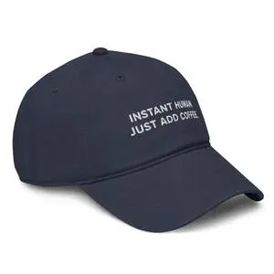 ANCHOR & CREW Navy Gustatory Instant Human Just Add Coffee. Cotton Embroidered Cap - Blue