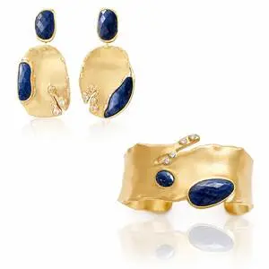 RARE MATTERS JEWELRY Limited Edition Organic Celestial Lapis Cuff & Cascade Earring Set - Blue