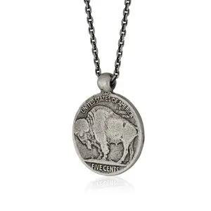 CARTOGRAPHY Silver / Grey Roam Buffalo And Native American Chief Pendant On Sterling Silver Necklace - Silver/grey