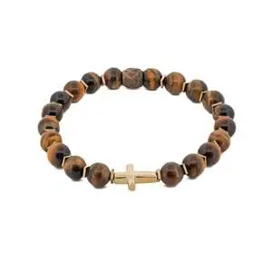 EBRU JEWELRY Gold / Brown Gold Cross Tiger's Eye Beaded Bracelet Brown - Gold/brown
