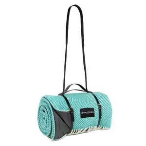 HEATING & PLUMBING LONDON Pure New Wool Waterproof Picnic Blanket Cornish Cove Long Black Strap - Blue