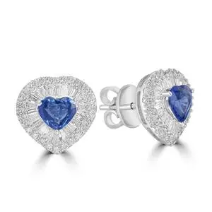 ARTISAN White / Blue Heart Blue Sapphire & Diamond Stud Earrings In 18k White Gold - White/blue