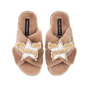 LAINES LONDON Embellished Faux Fur Cross Strap Slippers - Brown
