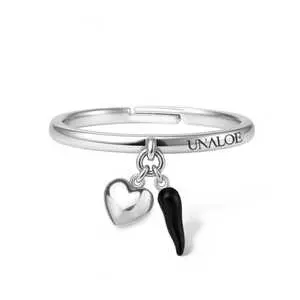 UNALOE Silver / Black Sterling Silver Adjustable Ring With Black Enamel Italian Horn And Heart – Protection Jewelry - Silver/black