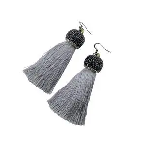 AMY DELSON JEWELRY Black / Grey Silky Silver Tassel Faceted Crystal Earrings - Black/grey