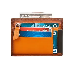 LEATHERE Vibrant Leather Card Holder With Zipper Pocket Caramel Concord - Brown