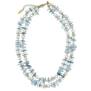 FARRA Aquamarine With Freshwater Pearls Double Layers Necklace - Blue