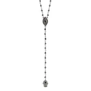 KARMA AND LUCK Silver / Grey Hematite Rosary Evil Eye Hamsa Necklace – Strength & Spiritual Protection Jewelry – Stand In Strength - Silver/grey