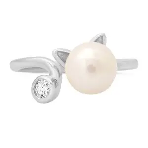KYLIE HARPER Sterling Kitty Cat Pearl & Diamond Cz Ring - Silver