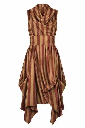 ATOM LABEL Wrap Ruched Dress In Bronze Gold Stripe - Brown
