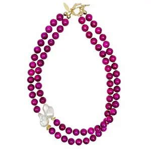 FARRA Magenta Gemstones With Baroque Pearls Double Layers Necklace - Pink