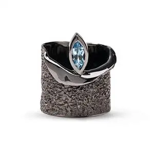 GERMAN KABIRSKI Silver / Black / Blue Eartha Iconic Design Black Rhodium Plated Silver Ring With Blue Topaz - Silver/black/blue
